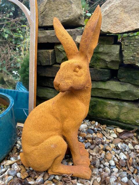 Rusty Cold Cast Iron Sitting Hare Statue - Garden Ornament Decoration ...