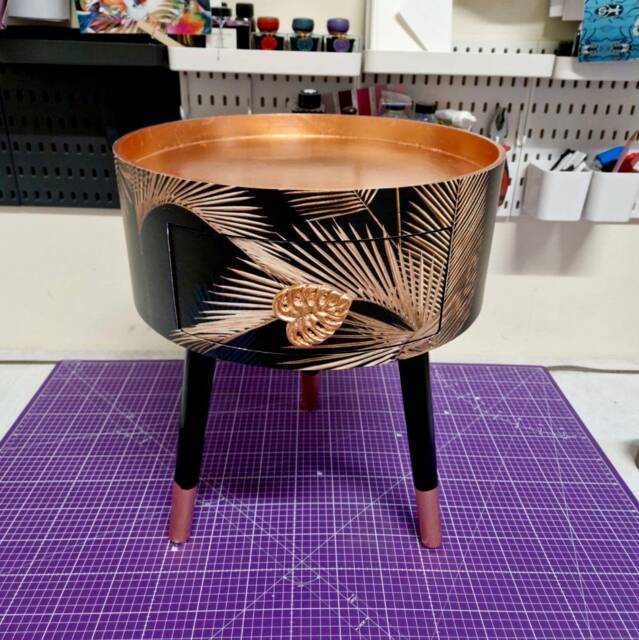 Black & Copper Bedside Table. Palm Leaf Design Nightstand, Copper Legs ...