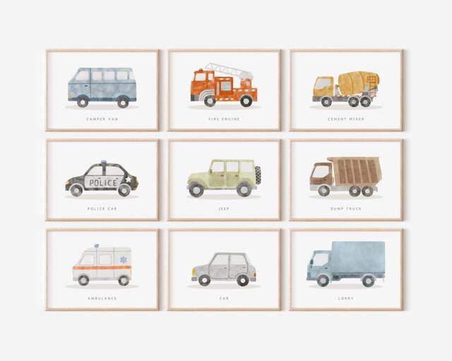 Set Of 3, 6, Mix & Match, Watercolour Transport Prints, Car Boys ...