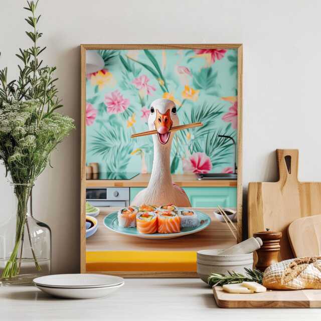 Silly Goose Eating Sushi Kitchen Print, Maximalist Wall Decor ...