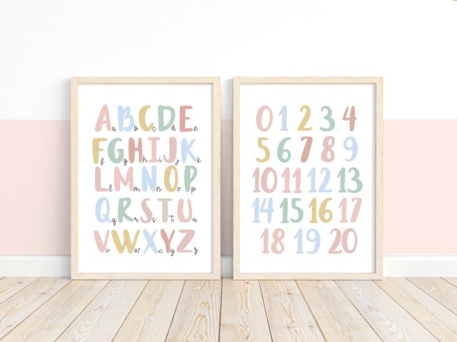 Rainbow Alphabet & Numbers Print Set, Blue Green Educational Prints ...