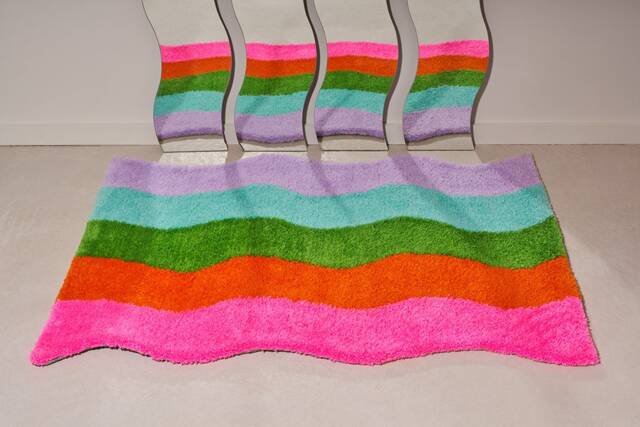 Handmade Tufted Area Rug in A Wavy Striped Rainbow Design. 70S Retro ...