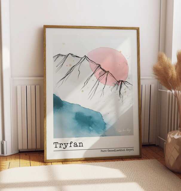 Tryfan Line Art Print - Minimalist Mountain Pastel Watercolour Welsh by ...