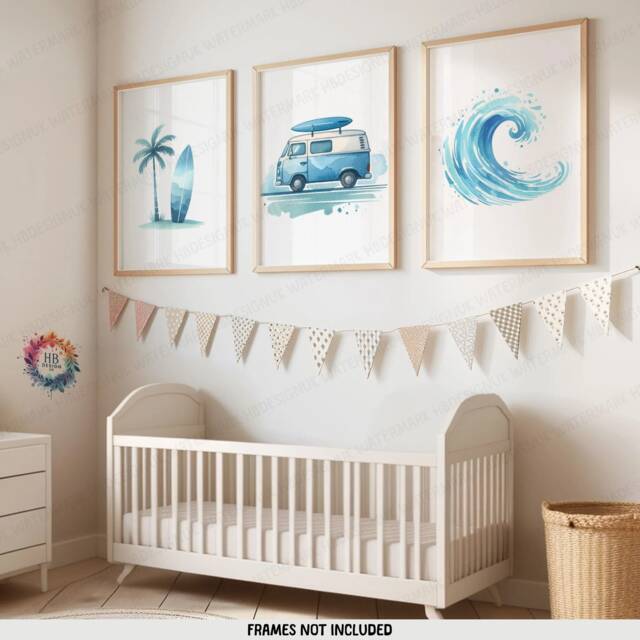 Blue Surfing Print Set - 3 Posters - Surfer Van Wall Art Kids Surf ...
