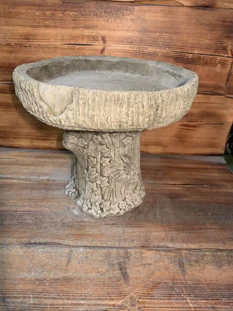 Stone Garden Tree Trunk Log Style Leaf Detailed Bird Bath Statue ...