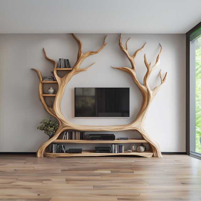 Handmade Tree Bookshelf Tv Stand Rustic Solid Wood Entertainment Center ...