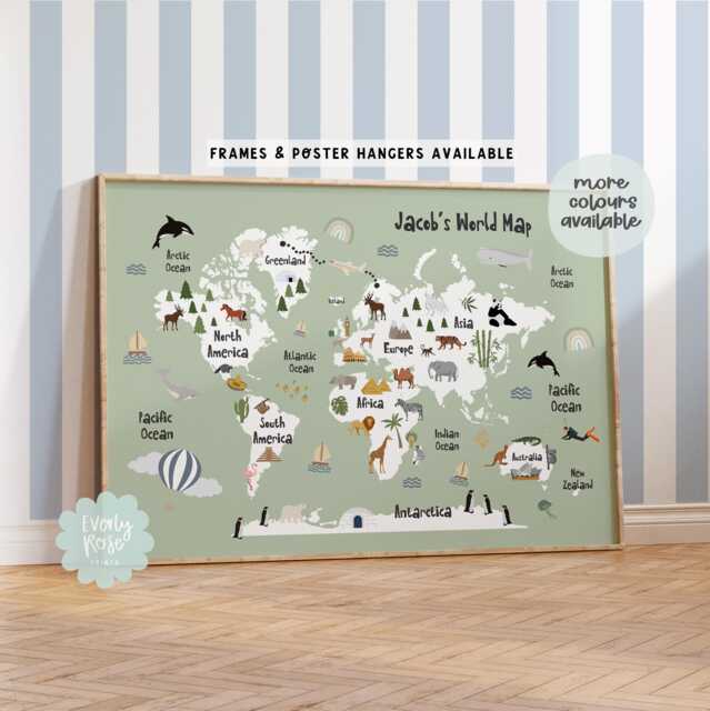World Map Prints, A4 - A1, Various Colours, Nursery Print, Kids Bedroom ...