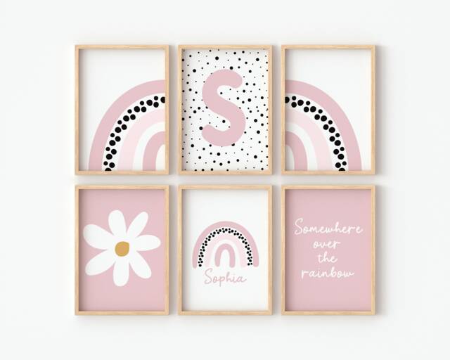 Personalised, Set Of 3, 6, Girls Bedroom Prints, Pink Rainbow, Polka ...