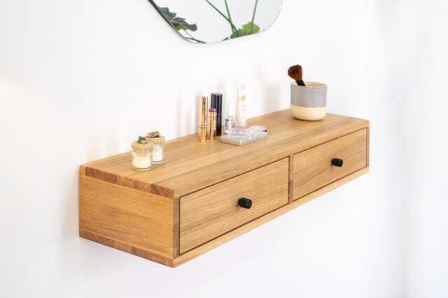 Floating Makeup Table With Two Drawers, Organizer For Vanity, Oak ...