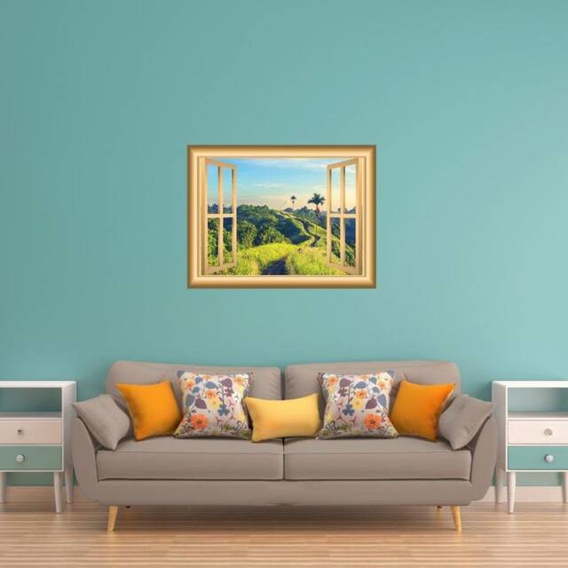 Green Hills Decal Palm Trees 3D Window Frame Beautiful Wall Mural ...