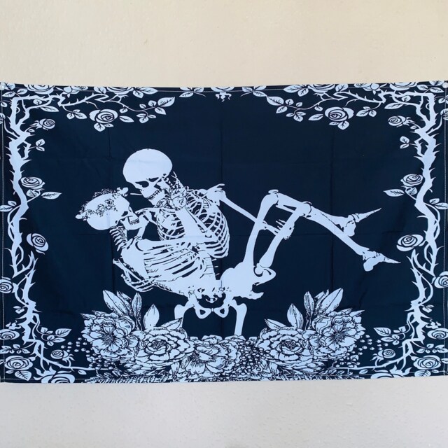Black & White Skeleton Lovers Tapestry - Romantic Gothic Skull Wall ...