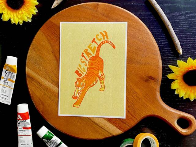 Big Stretch, Tiger Art Print, 5x7, Hand-Lettering, Retro Gouache ...