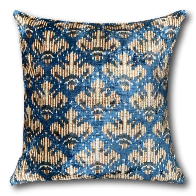 Blue Fleur De Lis Double Sided Ikat Velvet Cushion Covers, Pillow Cover ...
