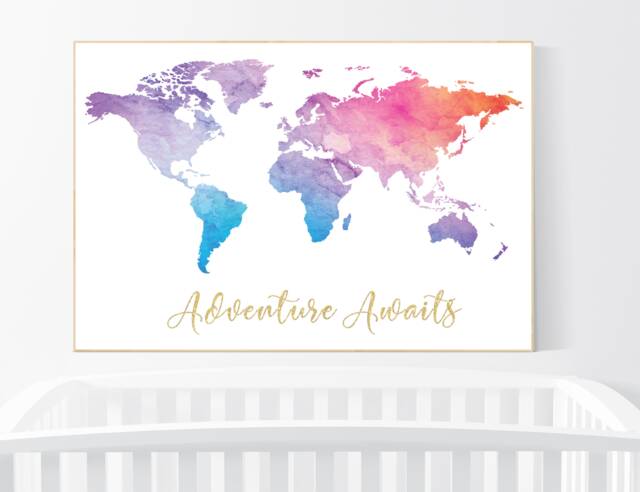 Adventure Awaits, World Map Poster, World Map Wall Art, Nursery Pink Purple, Mint, Gold, Decor ...