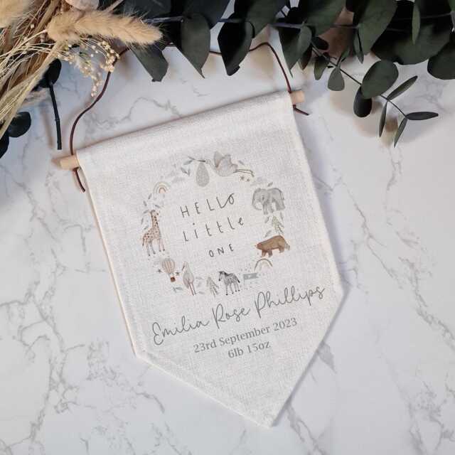 Personalised Linen Birth Announcement Pennant Jungle Safari Animals by ...