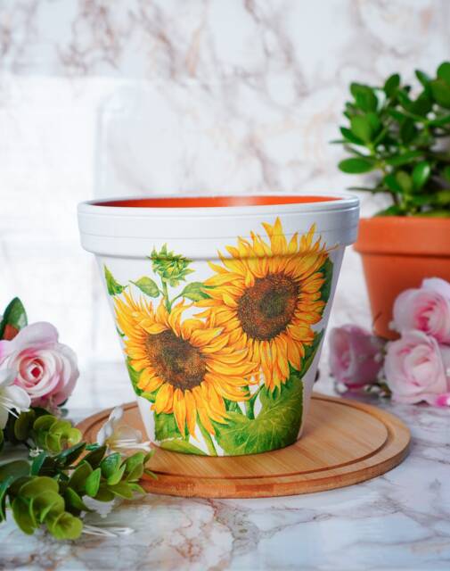 Sunflower Decoupaged Terracotta Clay Plant Pot , Sunflower Pot , Pretty ...