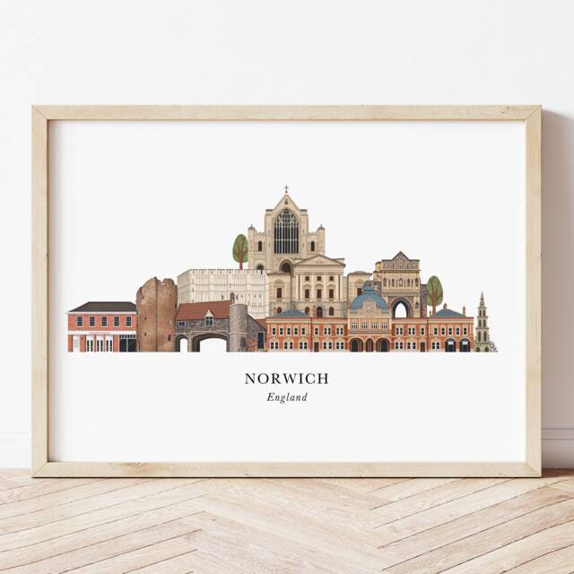 Norwich Skyline Print, Hand Drawn Illustrated Poster, Colourful Wall ...