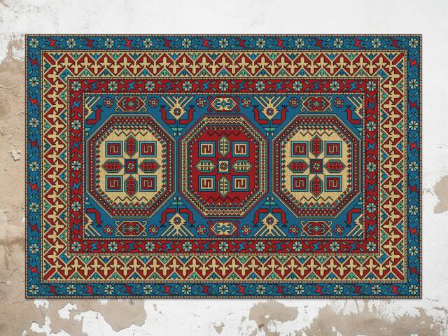 Colorful Oriental Rug Vinyl Mat, Blue Linoleum Rug, Red Floor Ethnic ...