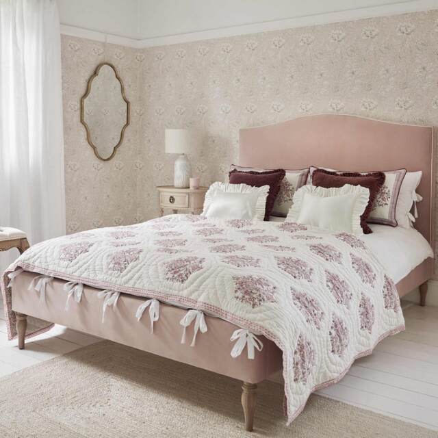Soho Piped Pink Velvet Upholstered Bed (Large Emperor Bed) by French ...