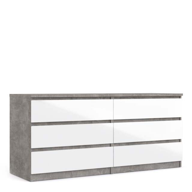 Naia Wide Chest of 6 Drawers (3+3) in Concrete and White High Gloss by Furniture Edit | ufurnish.com