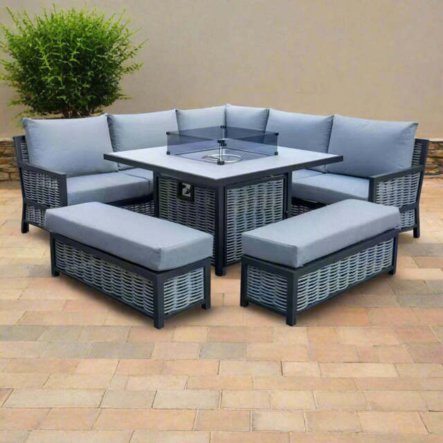 Java Rattan Corner Sofa With Ceramic Firepit Table And Two Benches by ...