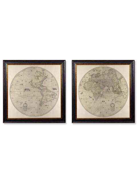 c.1660 Map of the World in Two Hemispheres - 70 x 70cm / Oxford / Set of 2 by Furniture Edit ...