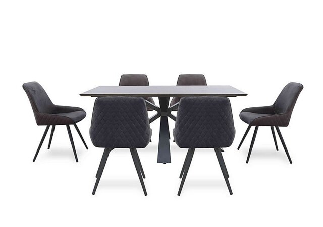 Saigon Fixed Table with Metal Base and 6 Velvet Dining Chairs - Granite ...