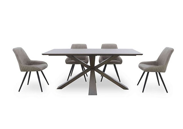 Saigon Fixed Table with Wooden Base and 4 Taupe Velvet Dining Chairs ...