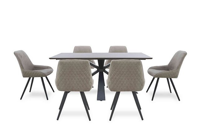 Saigon Fixed Table with Metal Base and 6 Taupe Velvet Dining Chairs ...