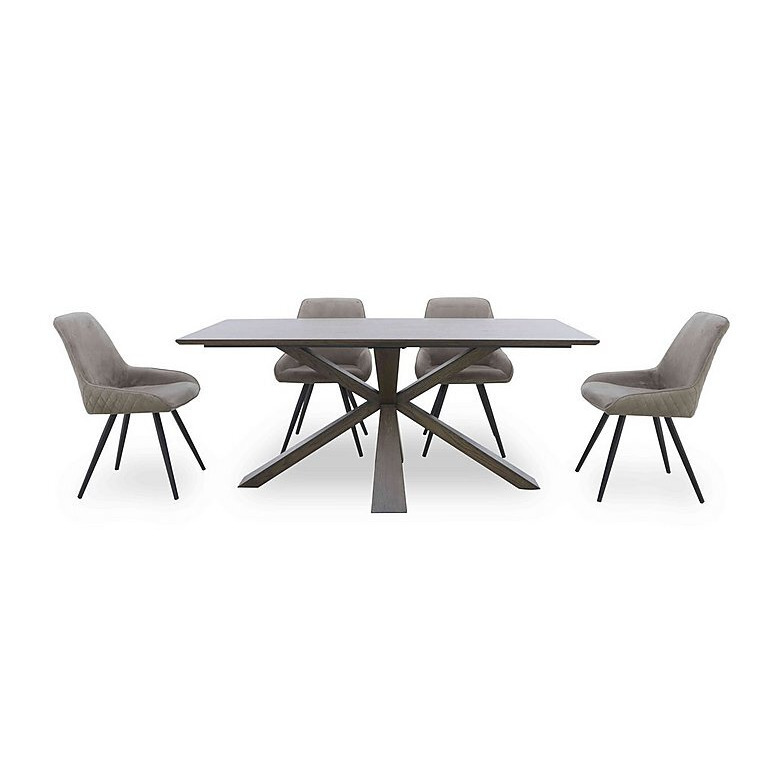 Saigon Fixed Table with Wooden Base and 4 Taupe Velvet Dining Chairs ...
