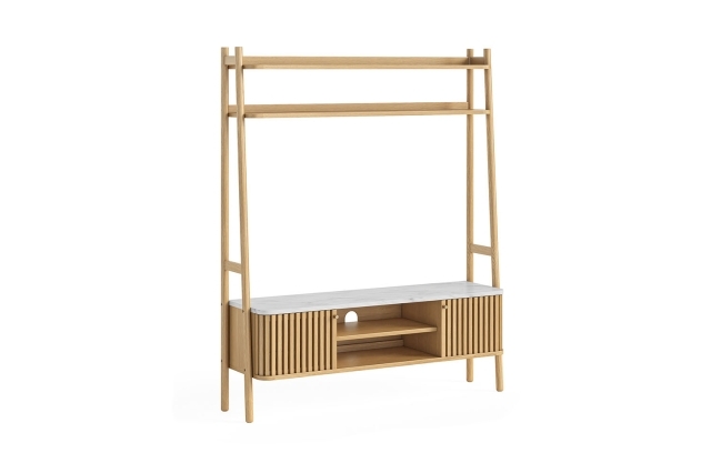 Soho Natural Oak Slatted 137cm Ladder TV Unit with Marble Top - Oak by ...