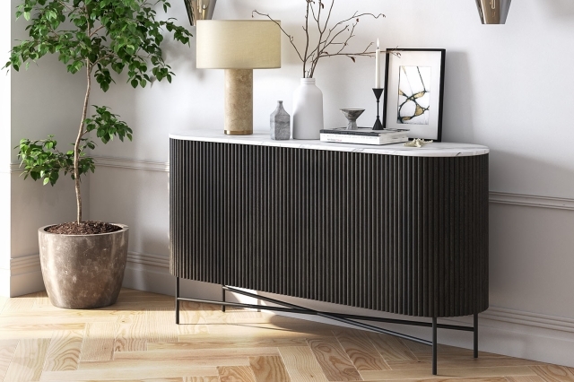 Lucas Reeded Mango Wood Black Large Sideboard with Marble Top - Black ...