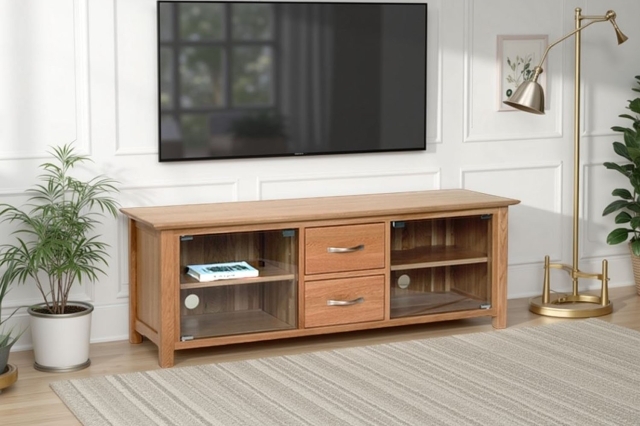 Moda Solid Oak Large TV Unit with Glass Doors - Oak by Furniture World ...