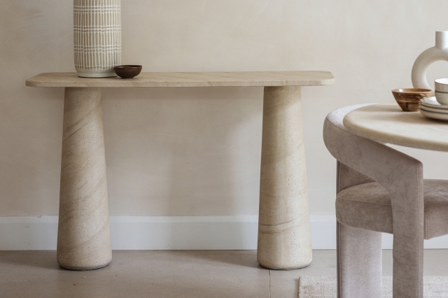 Ida Travertine Stone Console Table with Cylindrical Legs - Stone by Furniture World | ufurnish.com