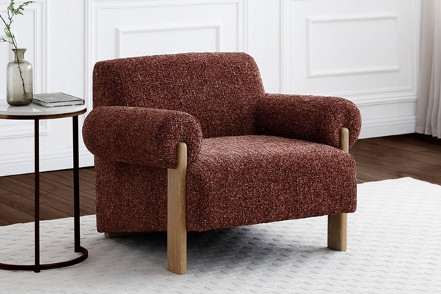 Arlow Chunky Fabric Chair with Rounded Arms and Wooden Legs - Ruby ...