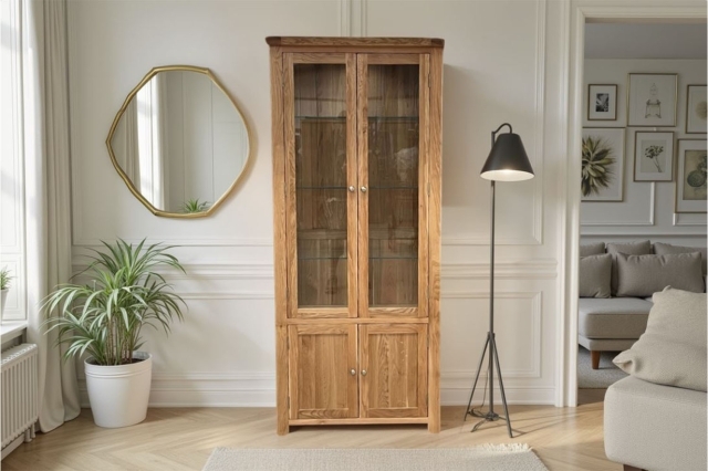 Largo Rustic Solid Oak Glass Display Cabinet with LED Light - Oak by ...