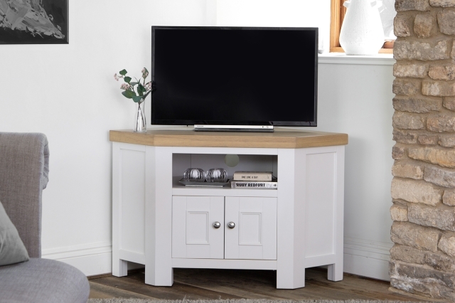 Classic Farmhouse Corner TV Stand - Soft White by Furniture World ...