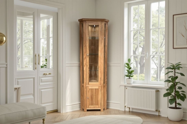 Largo Rustic Solid Oak Corner Display Cabinet with LED Light - Oak by ...