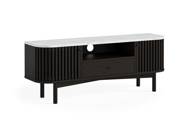 Soho Black Oak Slatted Small TV Unit with Marble Top - Black by ...
