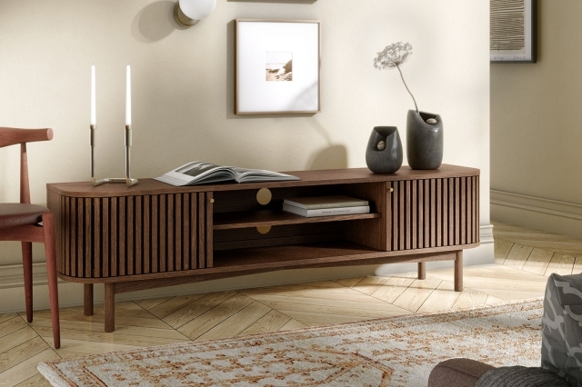 Soho Brown Oak Slatted Large TV Unit - Brown by Furniture World ...