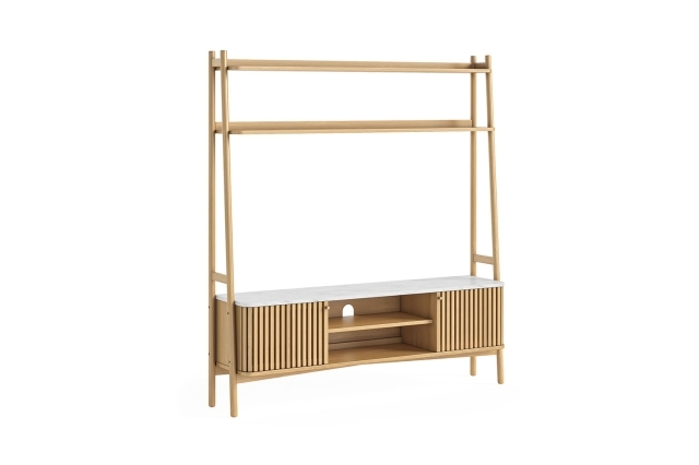 Soho Natural Oak Slatted 165cm Ladder TV Unit with Marble Top - Oak by ...