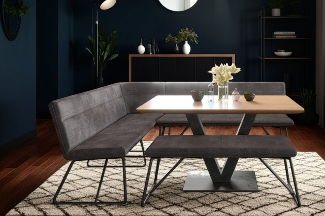 Loki Earth Industrial Corner Bench and Low Bench Dining Table Set ...