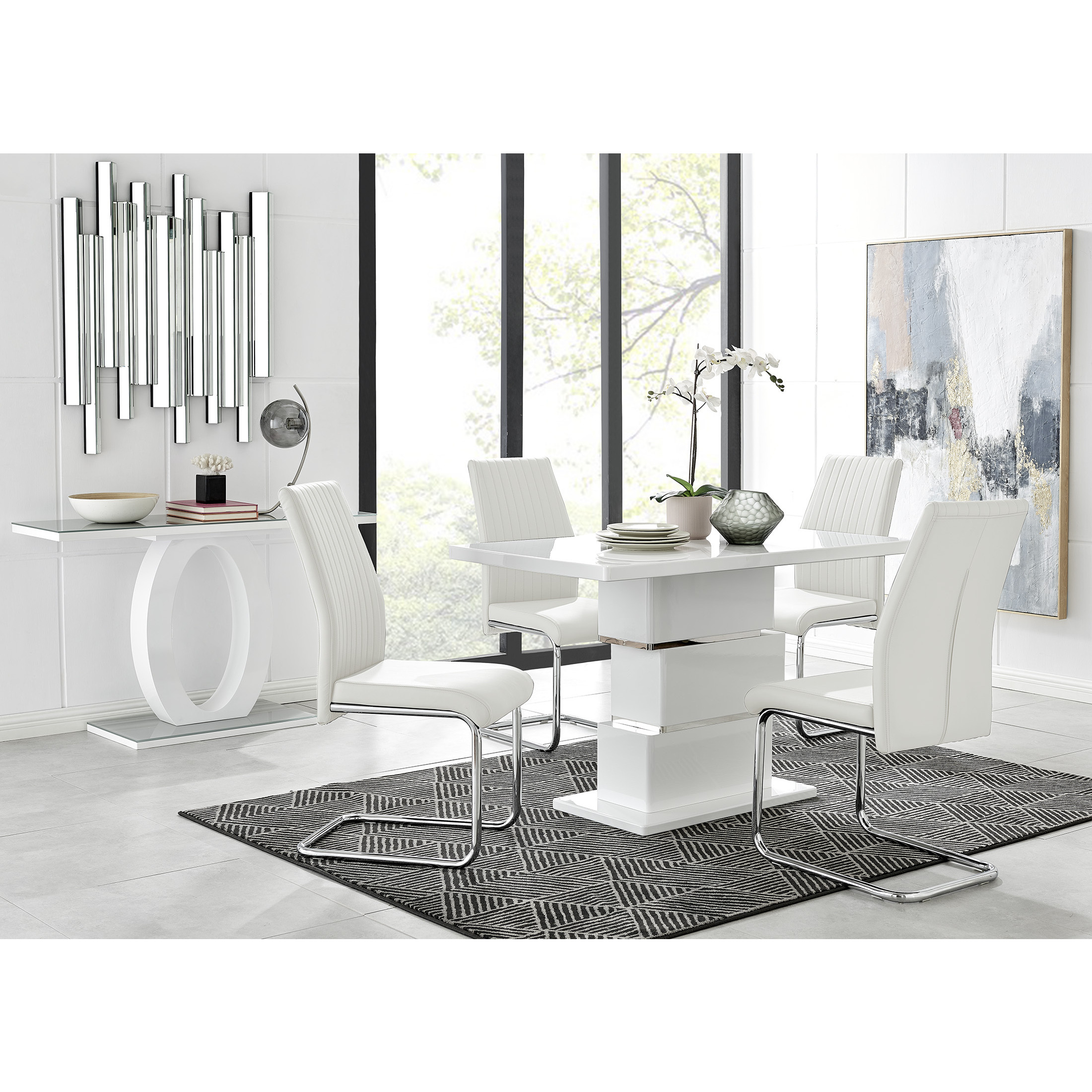 Apollo Rectangle White High Gloss Chrome Dining Table And 4 Lorenzo Chairs Set by FurnitureBox ...