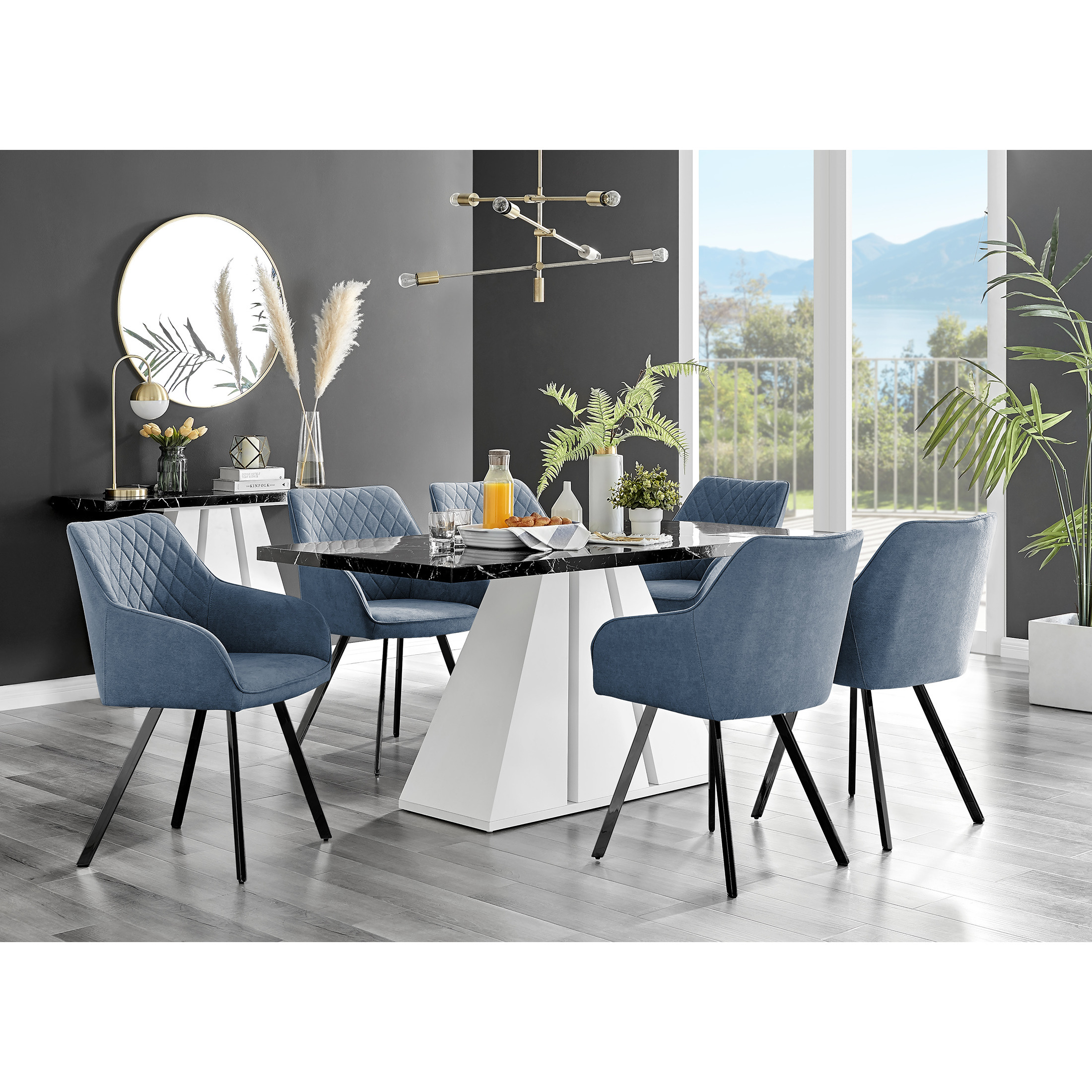 Athens Black Marble Dining Table & 6 Falun Black Leg Chairs by ...