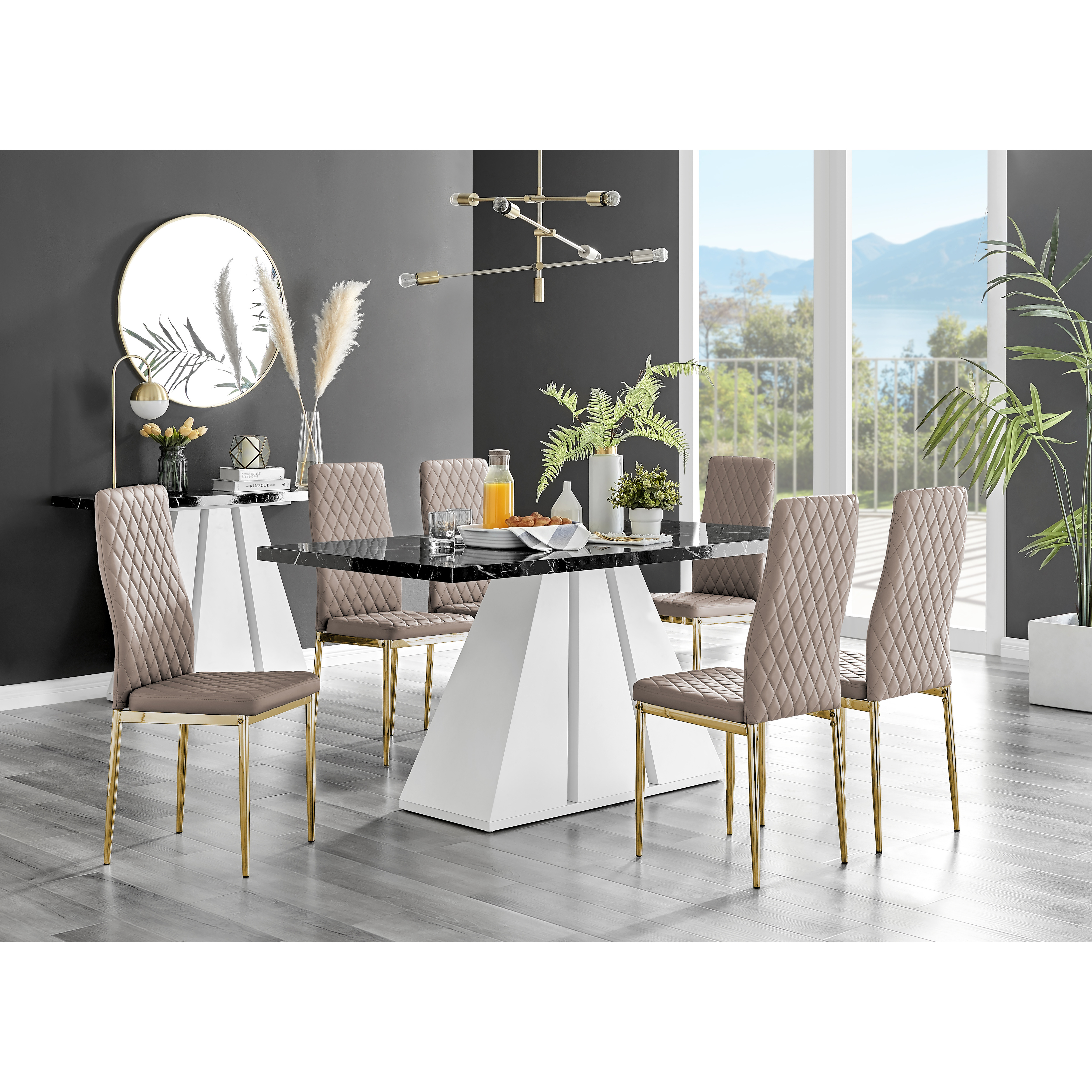 Athens Black Marble Effect Dining Table & 6 Milan Gold Leg Chairs by ...
