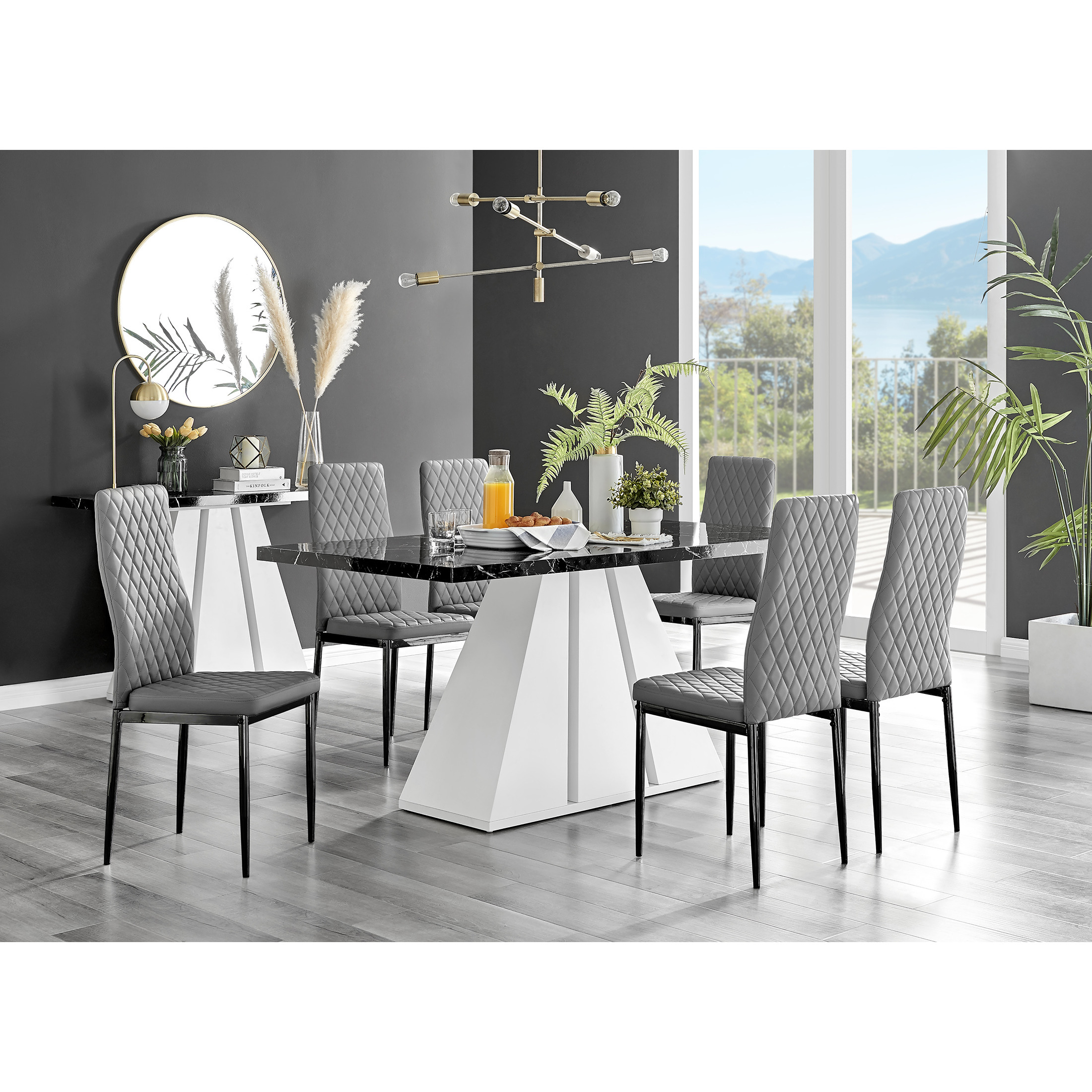 Athens Black Marble Effect Dining Table & 6 Milan Black Leg Chairs by ...