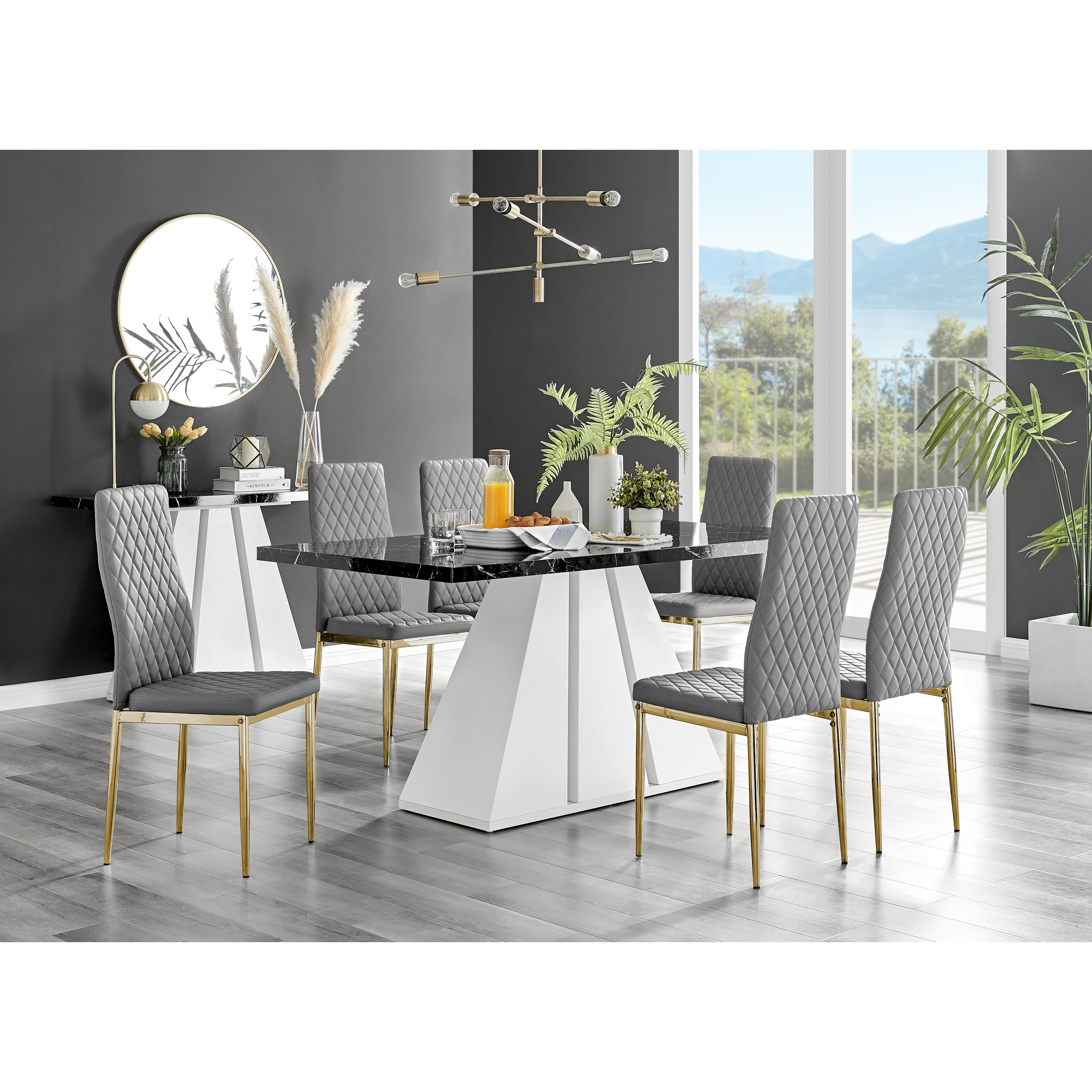 Athens Black Marble Effect Dining Table & 6 Milan Gold Leg Chairs by ...