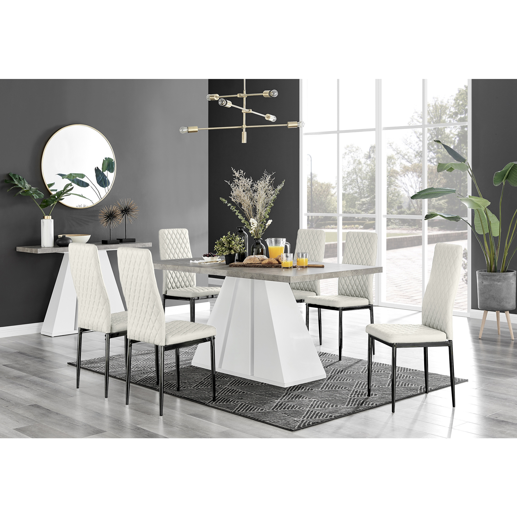 Athens Grey Concrete Effect Dining Table & 6 Velvet Milan Black Leg ...