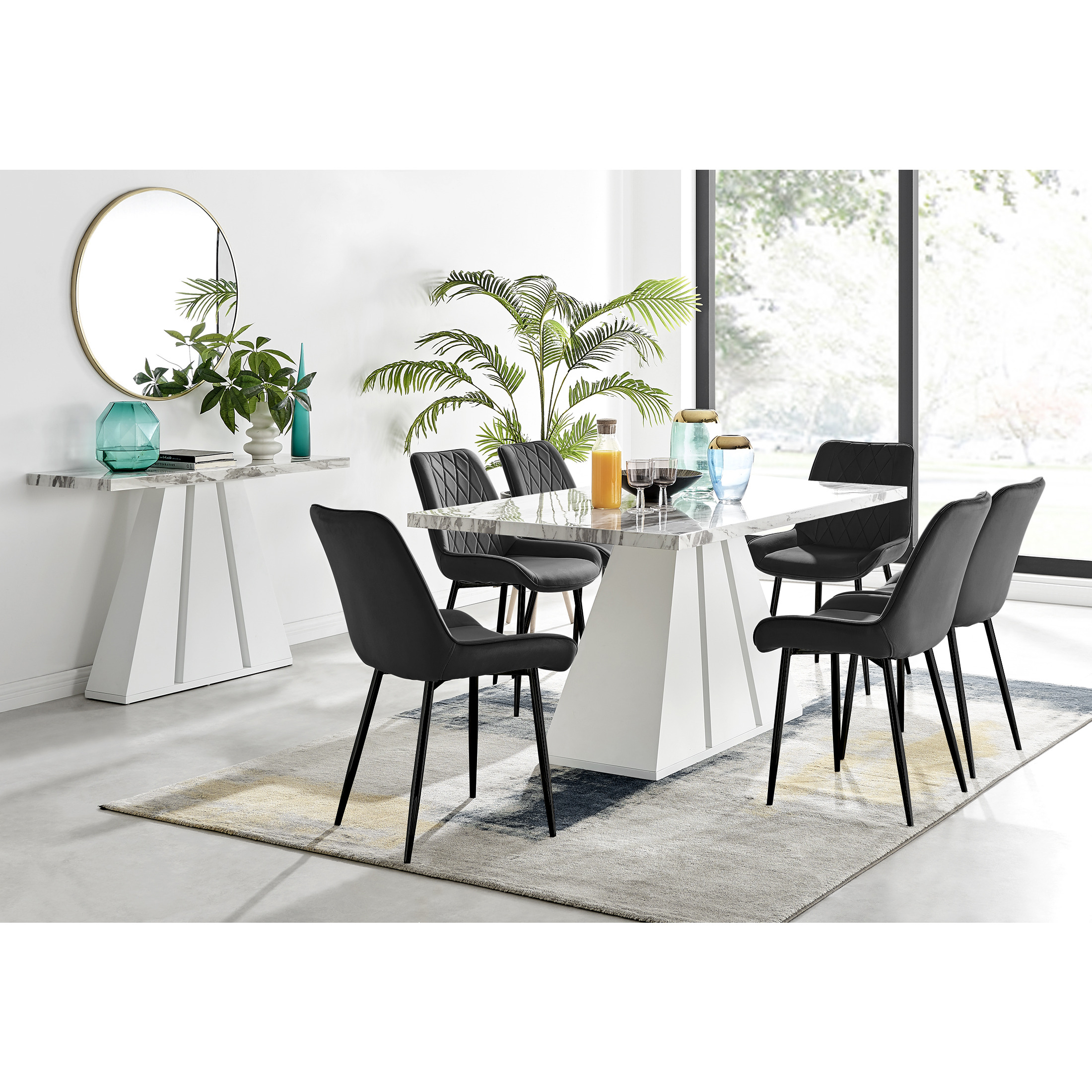 Athens White Marble Effect Dining Table & 6 Pesaro Black Leg Chairs by ...