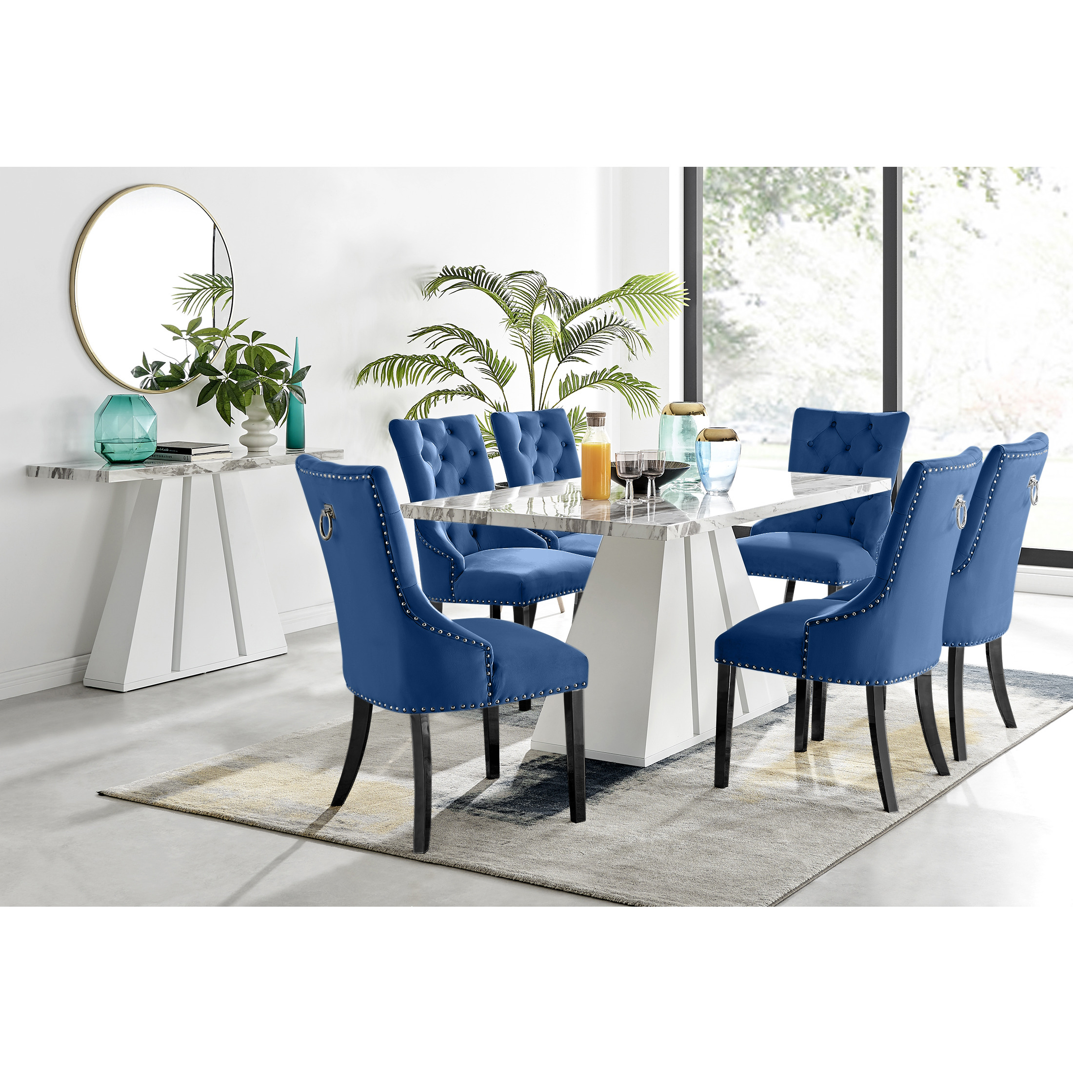 Athens White Marble Effect Dining Table & 6 Belgravia Black Leg Chairs ...